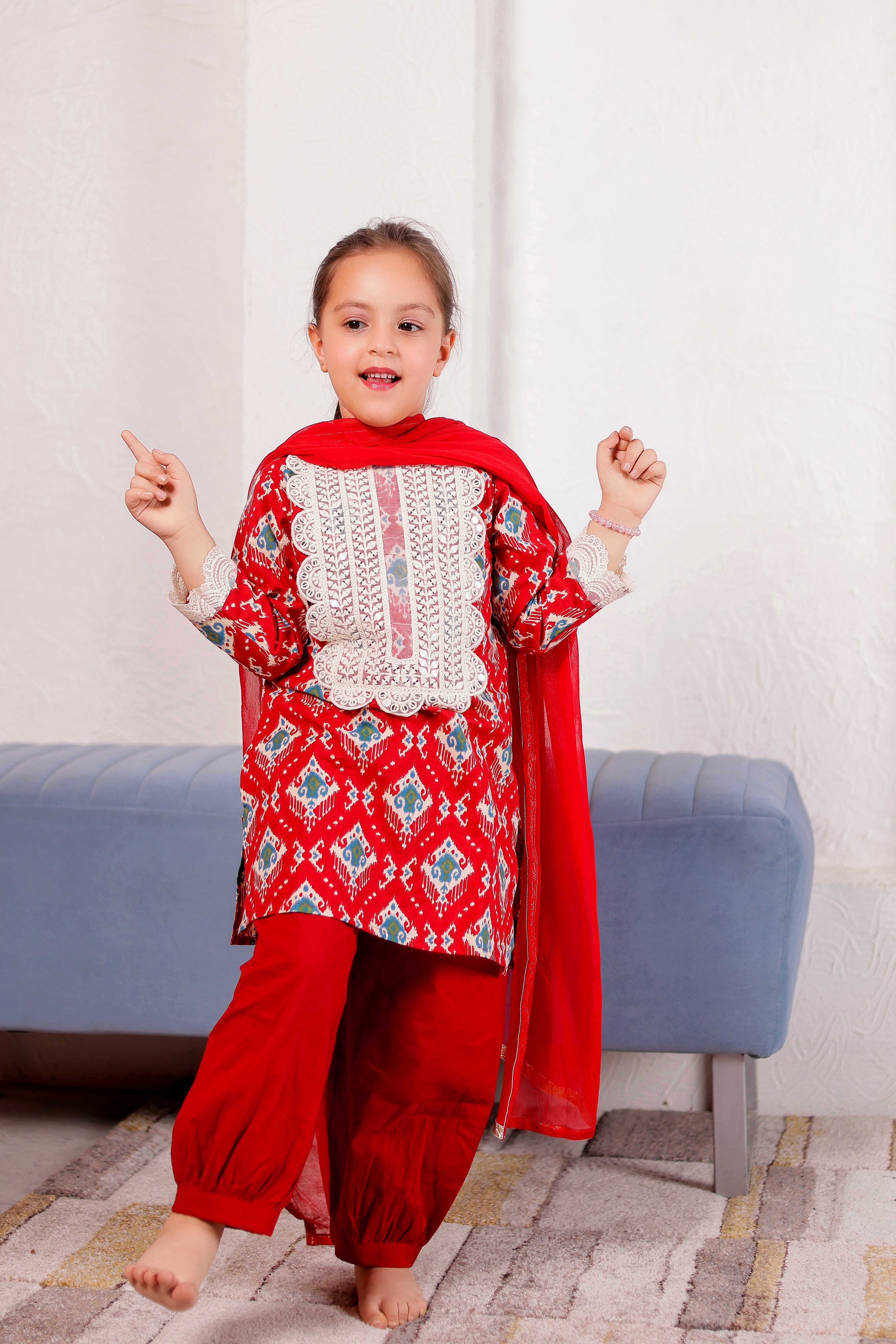 GIRLS RED IKAT CROCIA YOKE KURTI WITH SALWAR AND DUPATTA (SET OF 3 ...